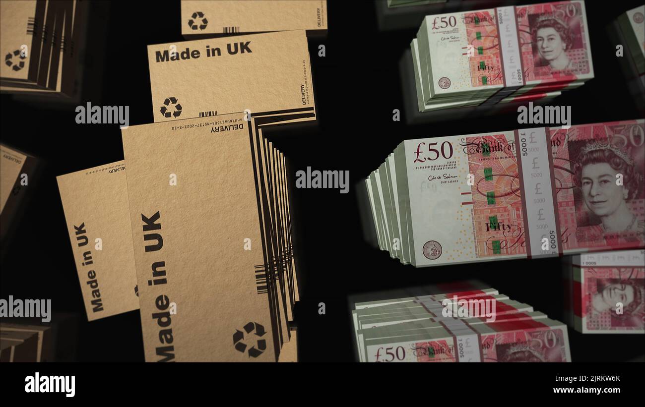 Made in UK box line and Pound money bundle stacks. Export, trade ...