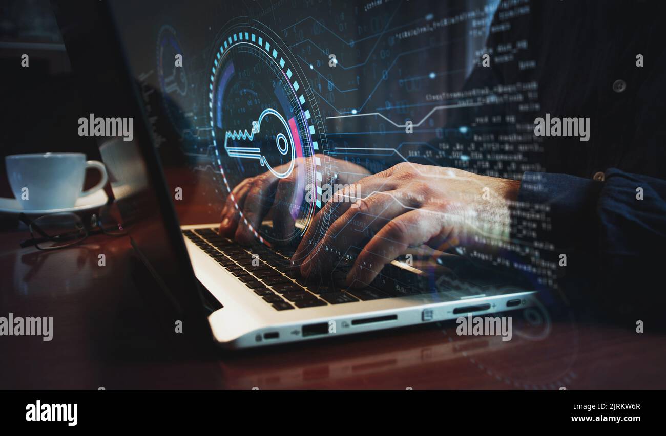 Cyber Security And Password Safety With Key Symbol And Man Typing Computer Keyboard Hands On