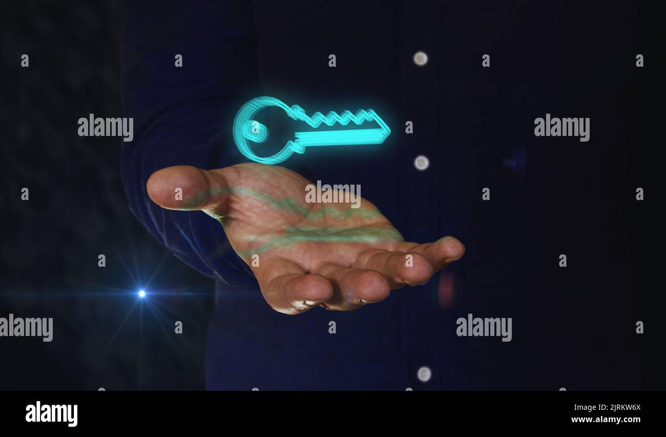 Cyber security and password safety with Key 3d symbol over man hand ...