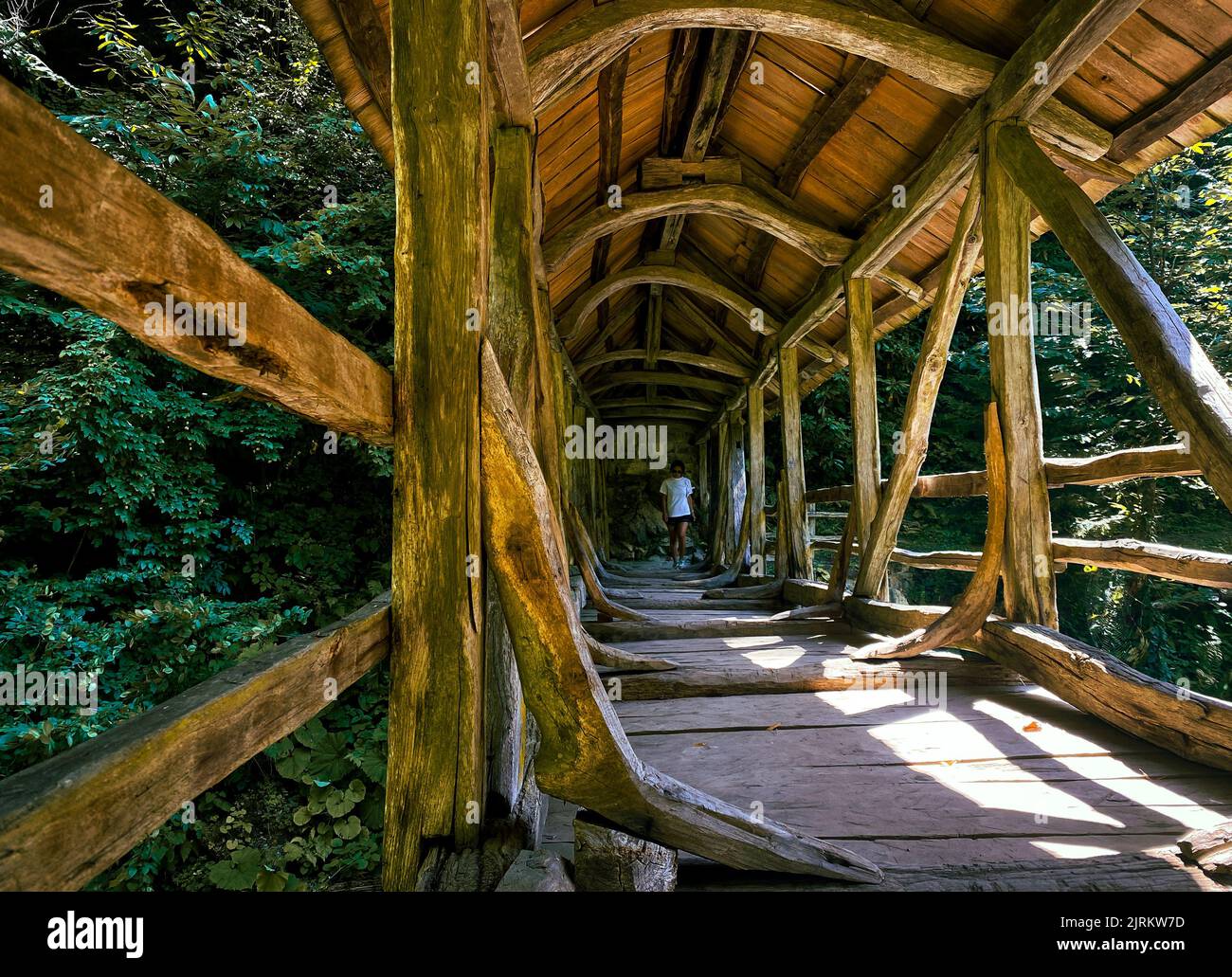 Point of view walk overpass old vintage oak wooden bridge outdoors in ...