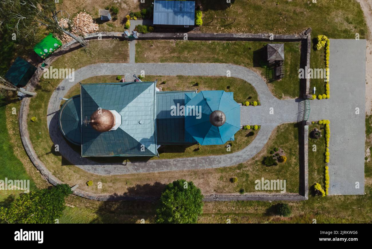 Metal colored roof of old Orthodox Church, top view from above, aerial ...