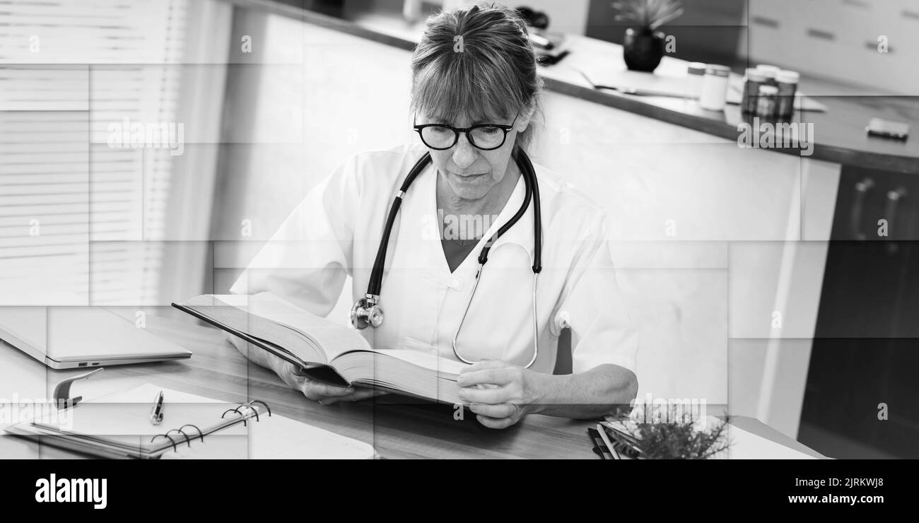 Female doctor reading a textbook in medical office, geometric pattern ...