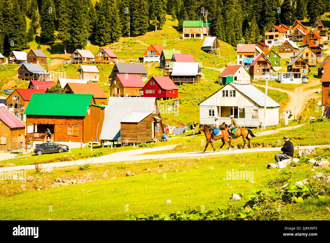 Panorama old beautiful colorful wooden houses in traditional mountains ...