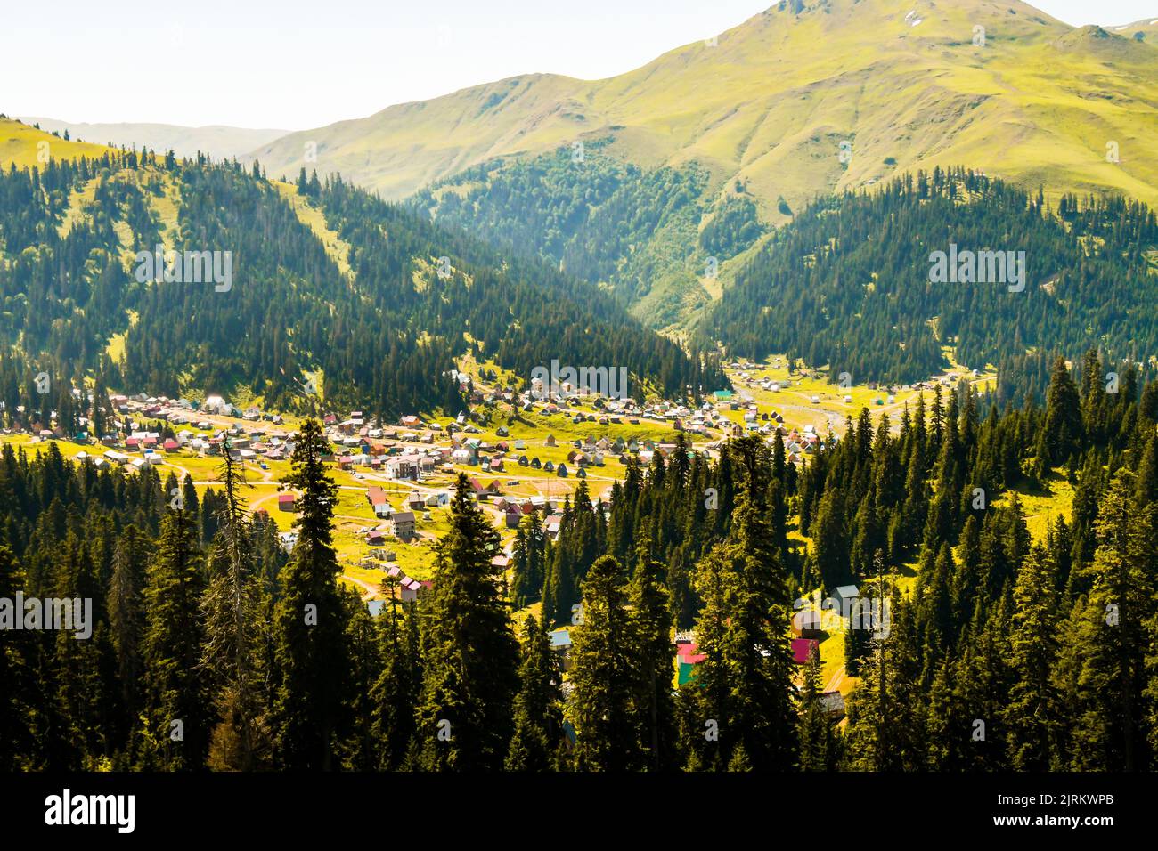 Aerial view Bakhmaro village panorama in summer. FAmous travel landmark ...