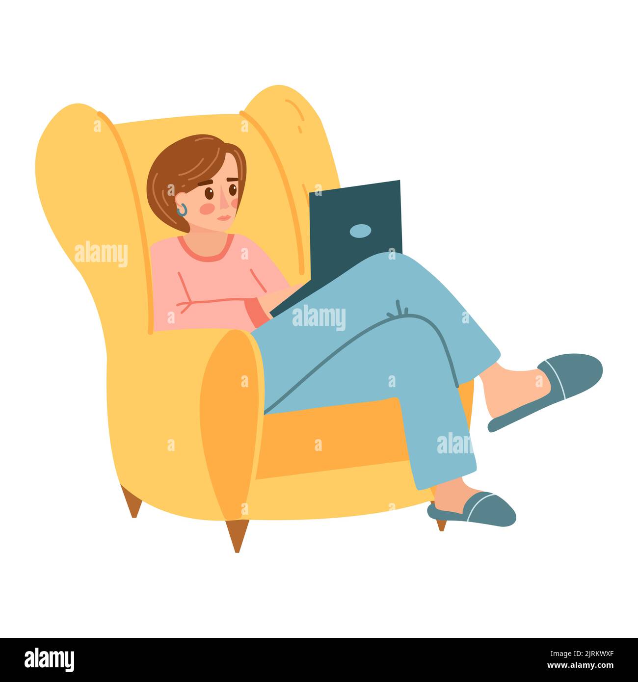 Girl with laptop in yellow armchair in cartoon flat style. Vector ...