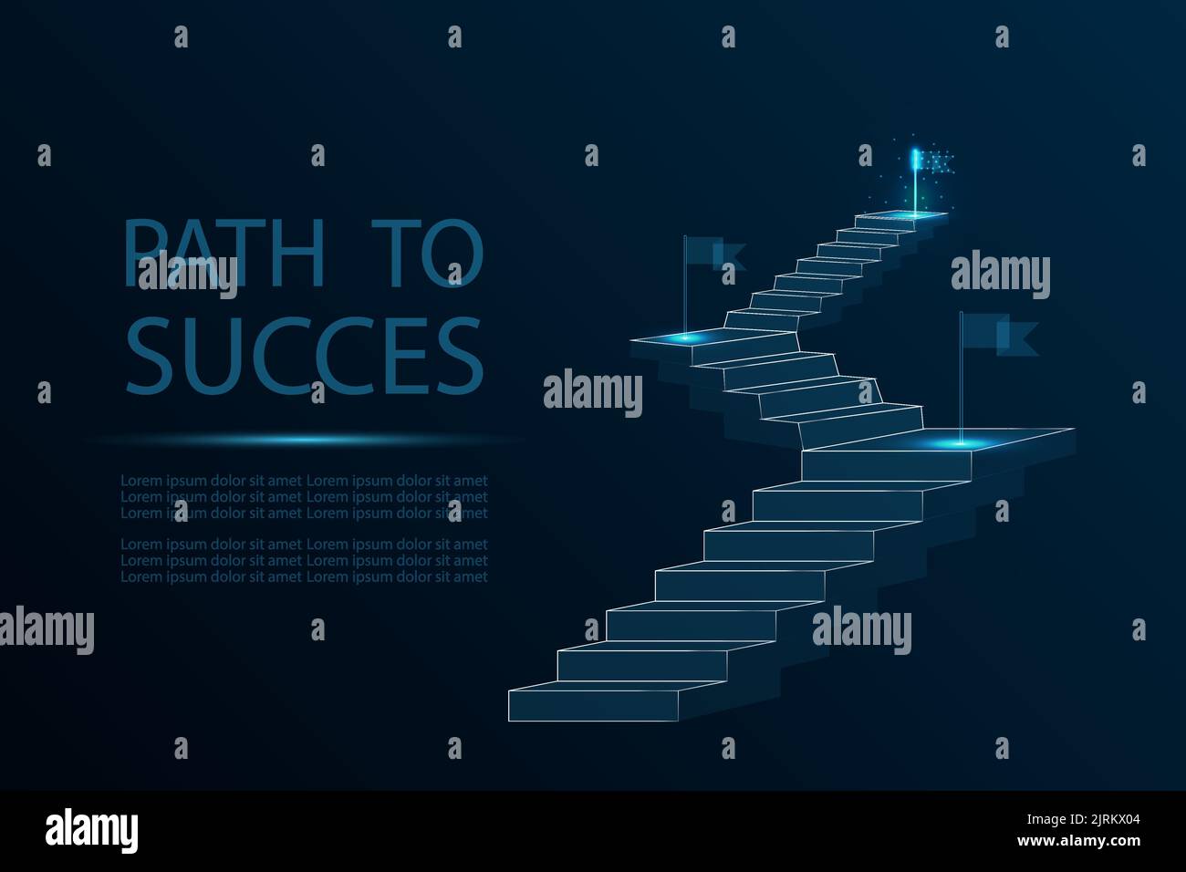 Stairway with flags vector illustration. Low poly wireframe mesh with light effects on dark blue ...