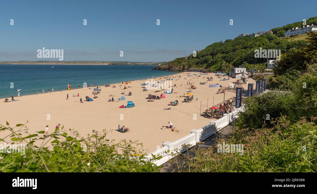 St Ives, Cornwall, England, UK. 2022. Overview of the sandy beach at ...