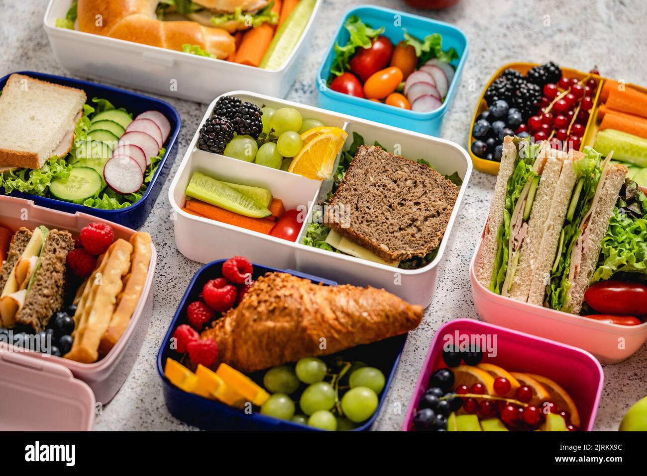Various of Healthy lunch boxes. Pack for school set in plastic package ...