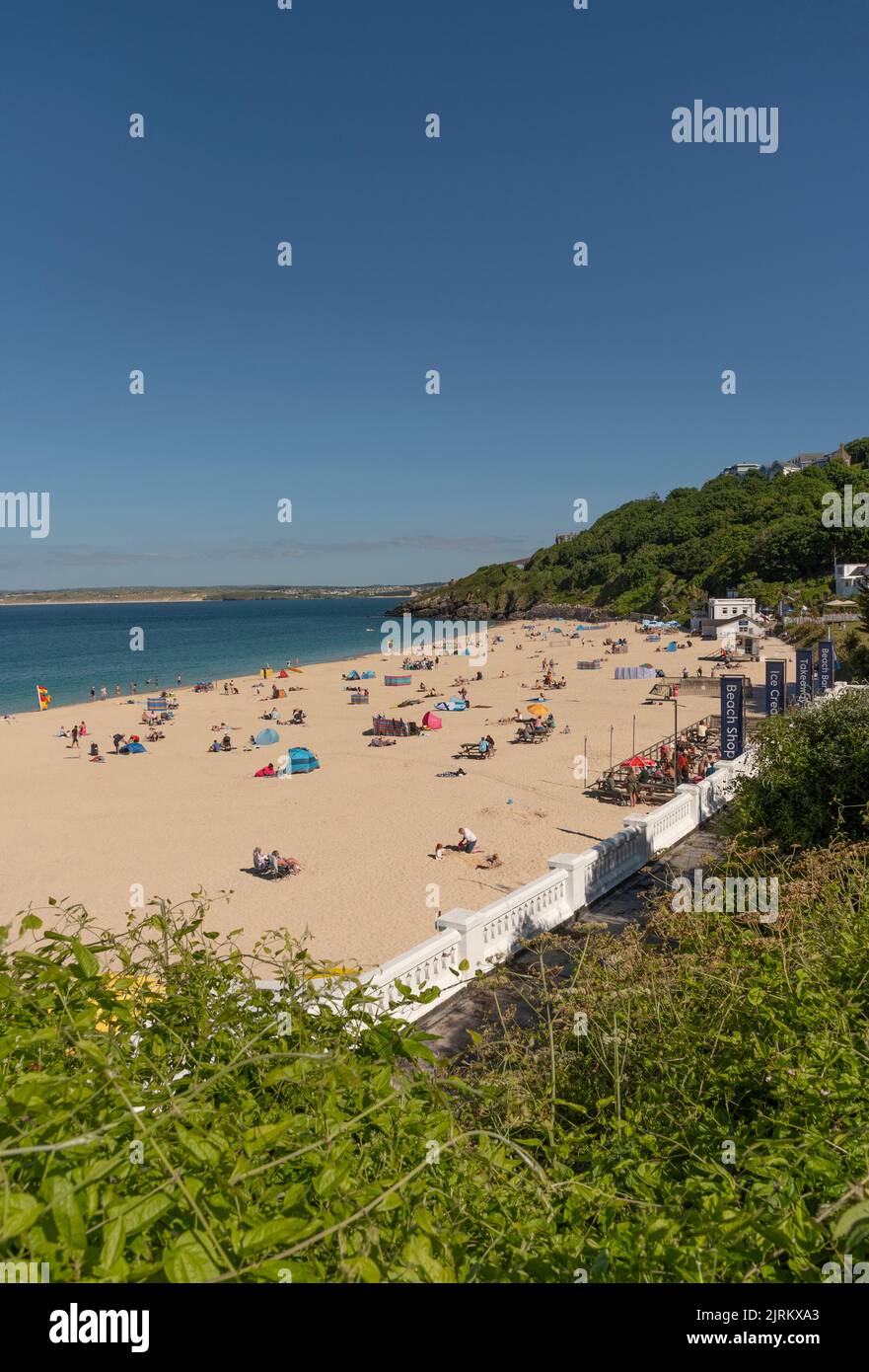 St Ives, Cornwall, England, UK. 2022. Overview of the sandy beach at ...