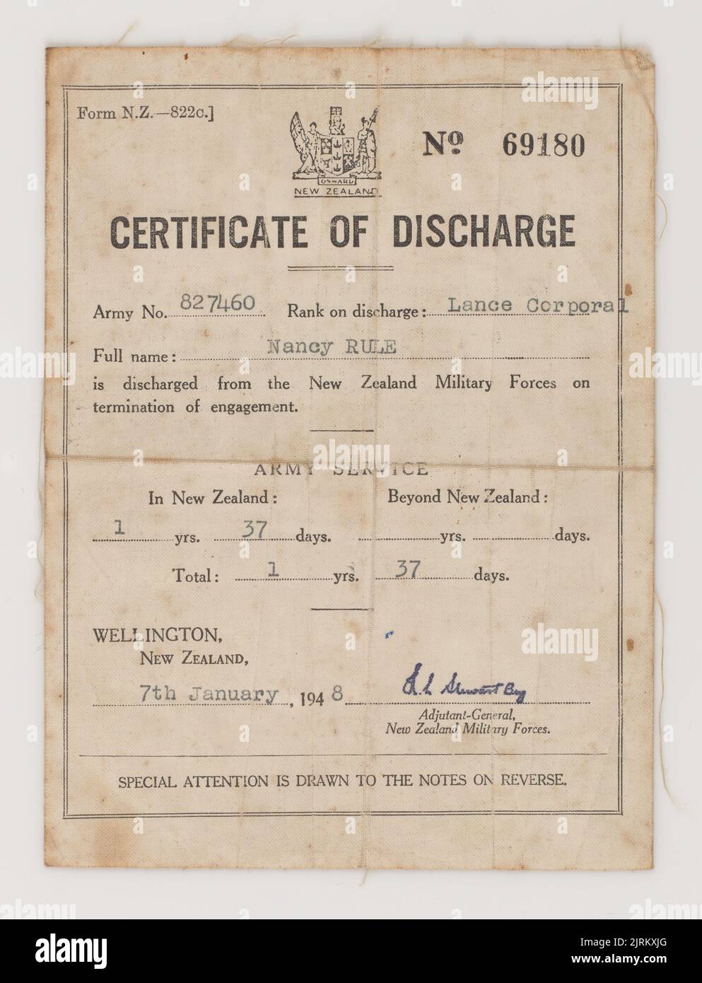 Certificate of Discharge, Nancy Rule, 7 January 1948, by New Zealand ...