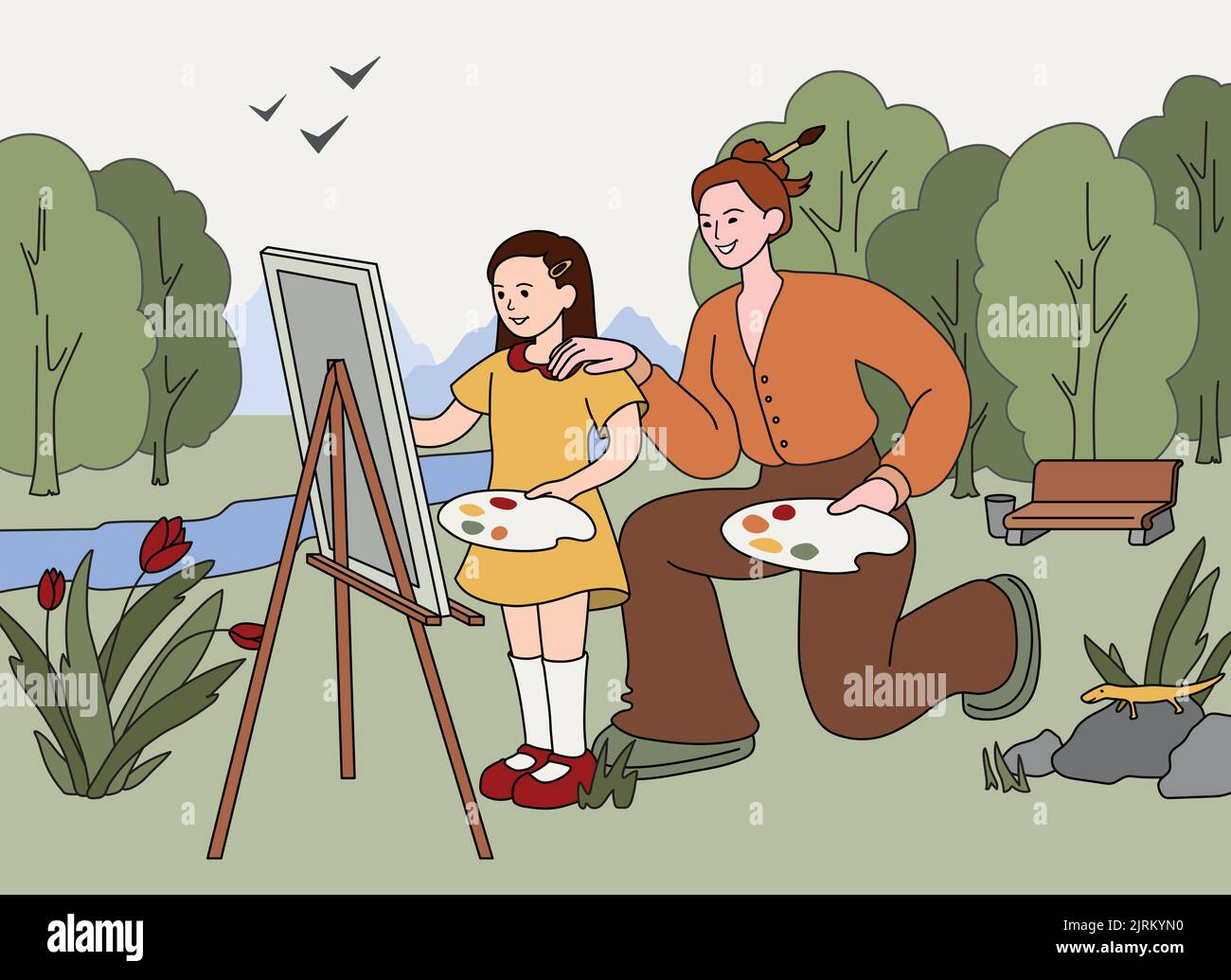 Young girl artist studying painting in summer park. Child draw natural ...