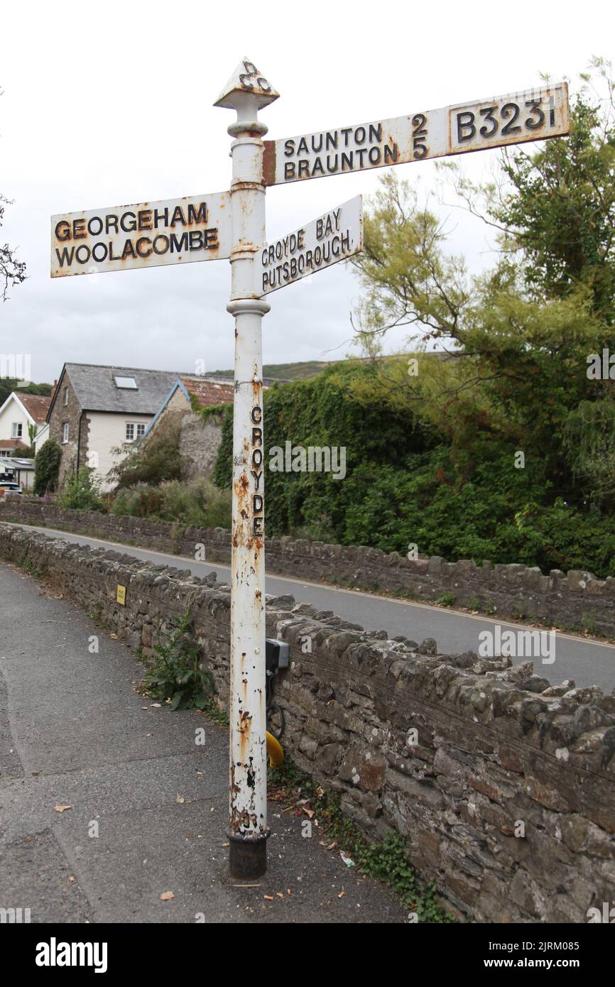 Old iron sign post for Saunton, Braunton, Georgeham, Wollacombe, on ...