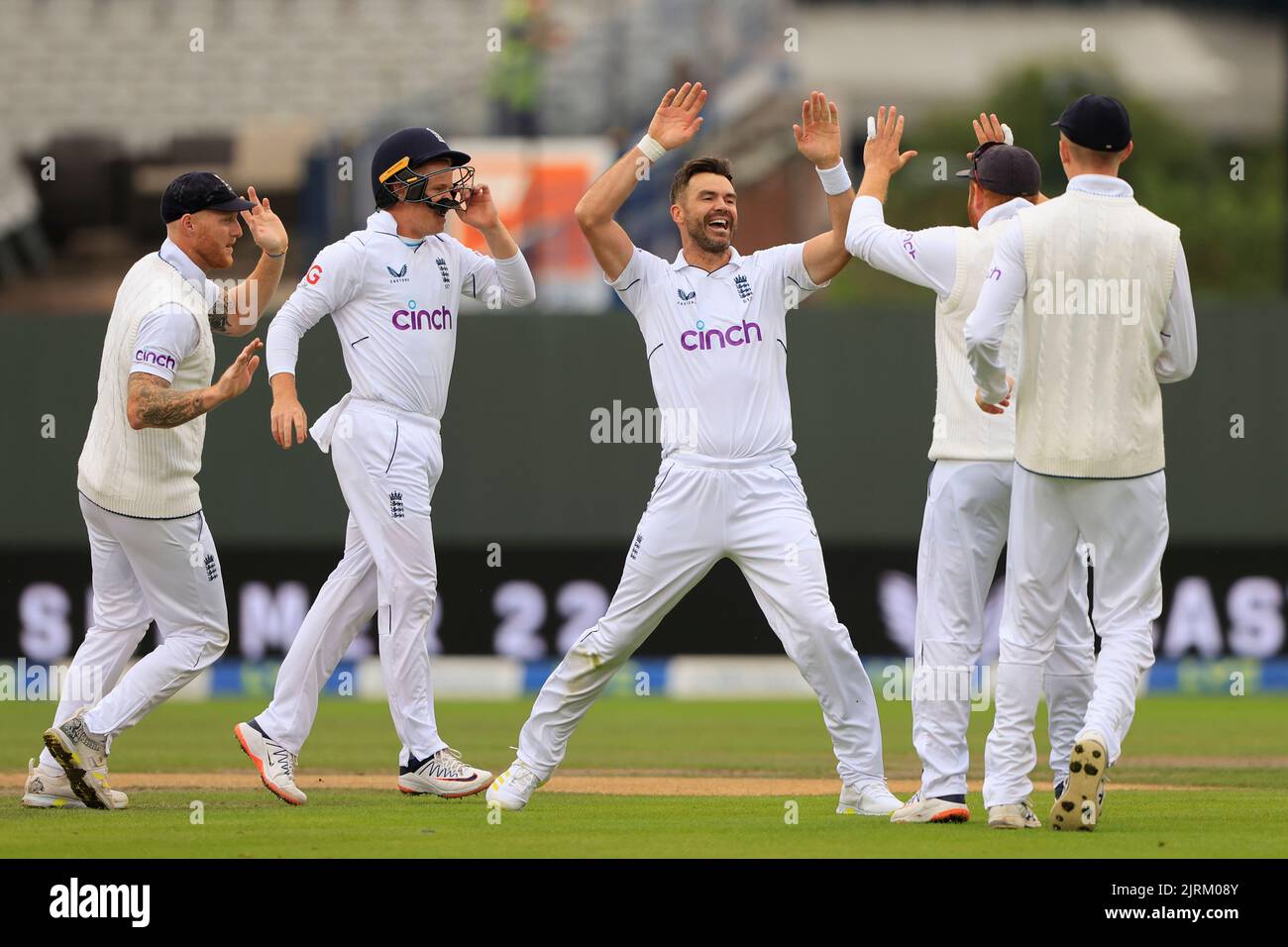 James Anderson of England celebrates after taking the wicket of Sarel ...