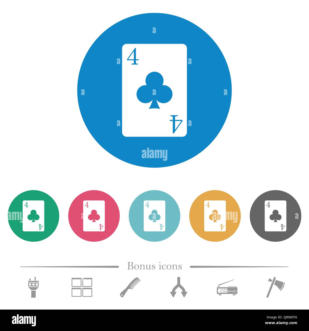 four of clubs card flat white icons on round color backgrounds. 6 bonus ...
