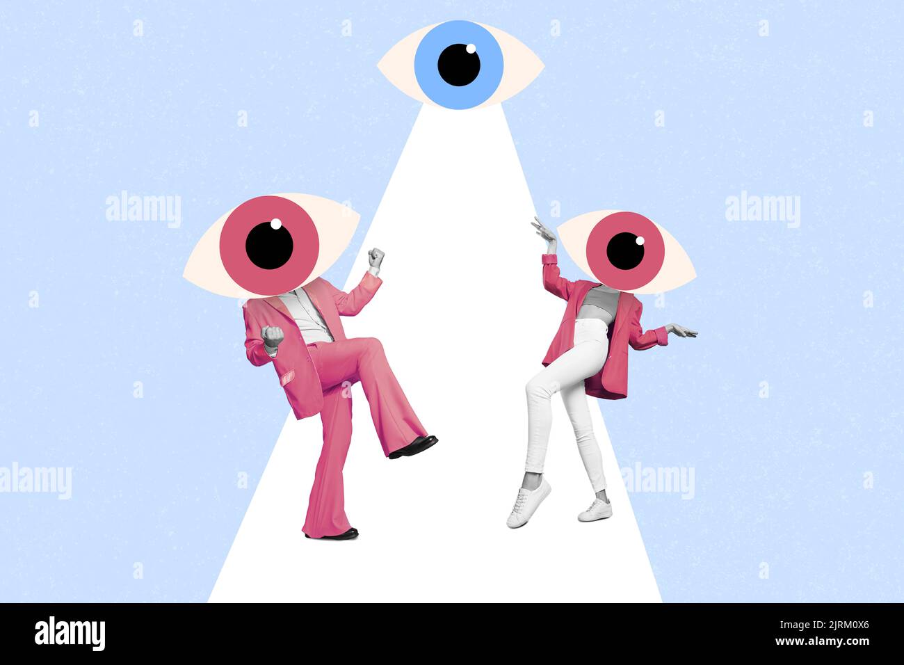 Artwork collage of freak friends with eye faces dancing under public ...