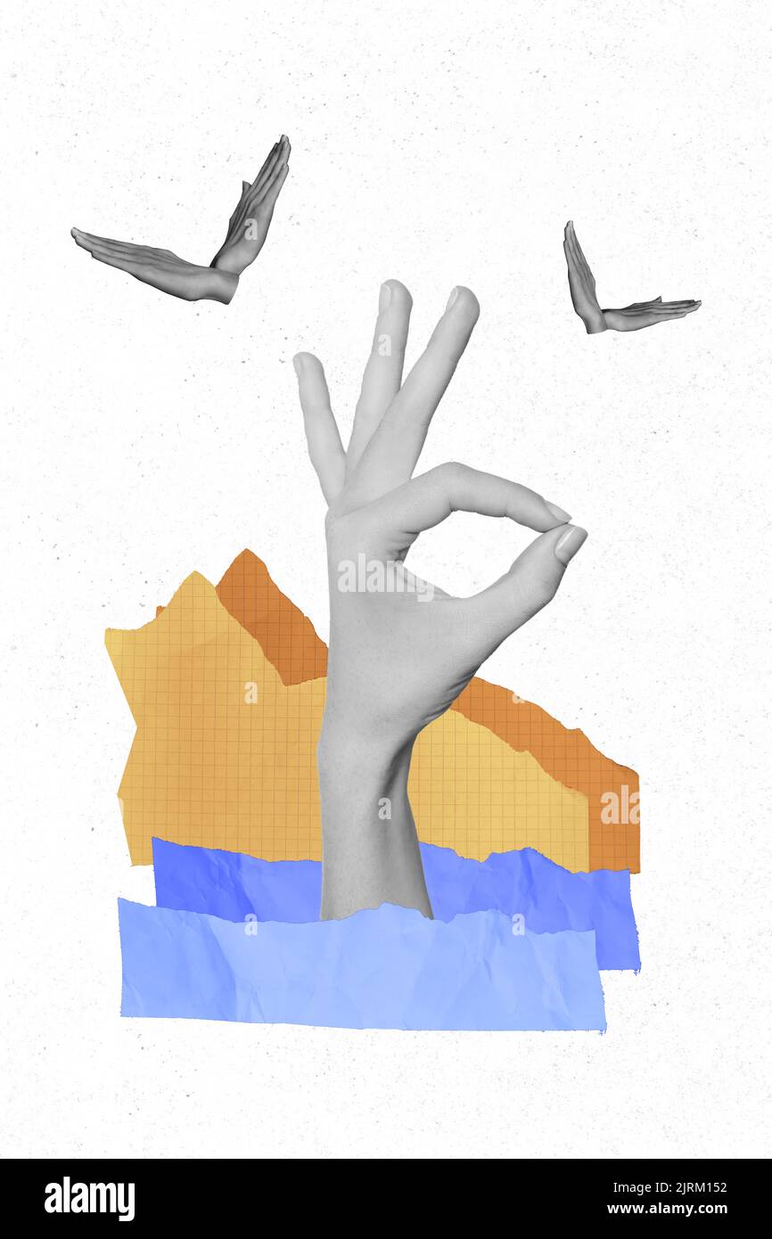 Vertical collage illustration of human arm black white gamma ...