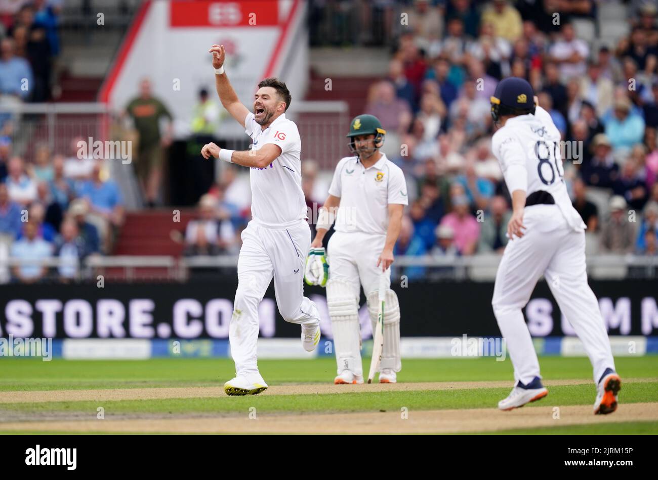 England's James Anderson celebrates taking the wicket of South Africa ...