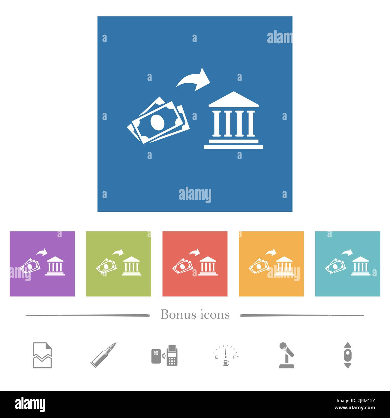 Cash deposit to bank flat white icons in square backgrounds. 6 bonus ...