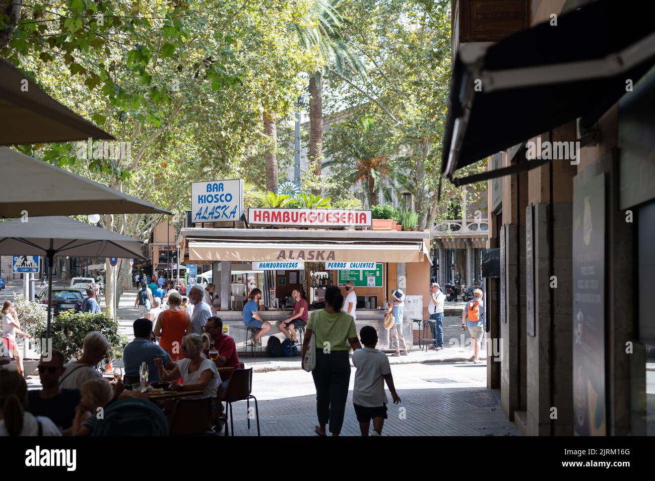 A small hamburger kiosk around green trees and walking people in the ...