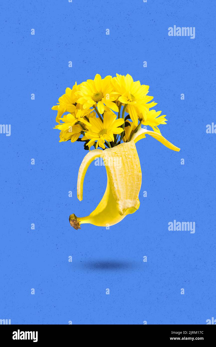 Vertical poster collage of banana with flowers isolated on drawing blue ...