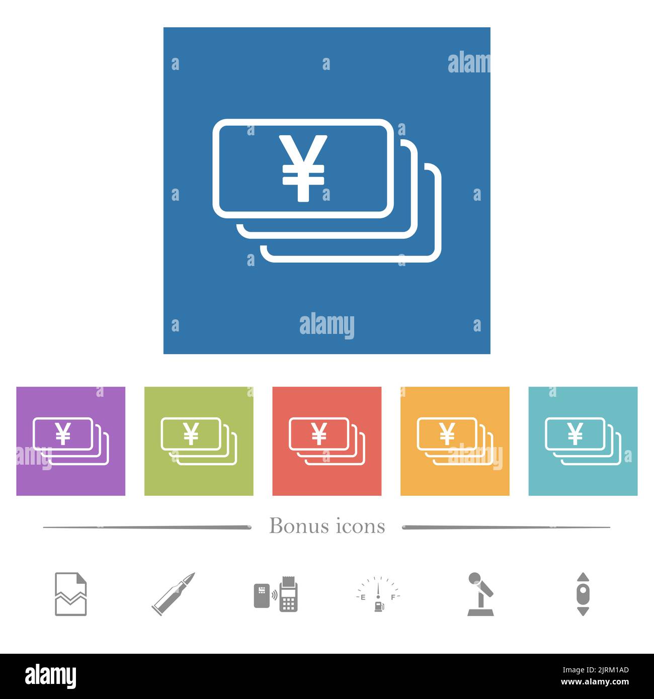 Japanese Yen banknotes outline flat white icons in square backgrounds ...