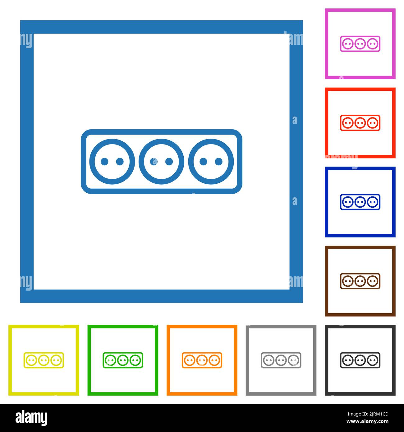 Electrical outlet with three sockets outline flat color icons in square ...