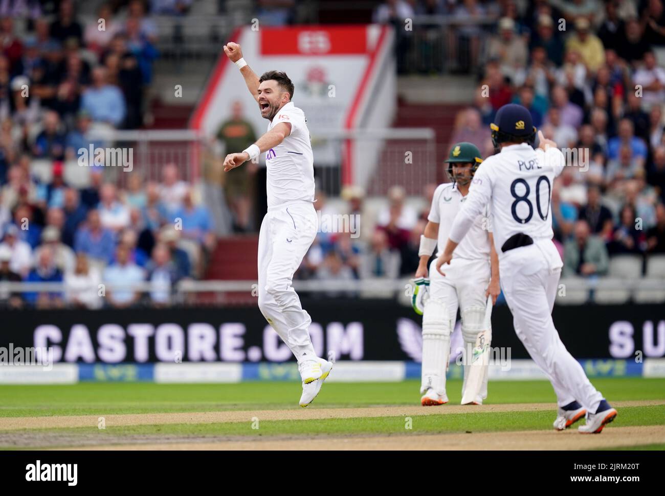 England's James Anderson celebrates taking the wicket of South Africa ...