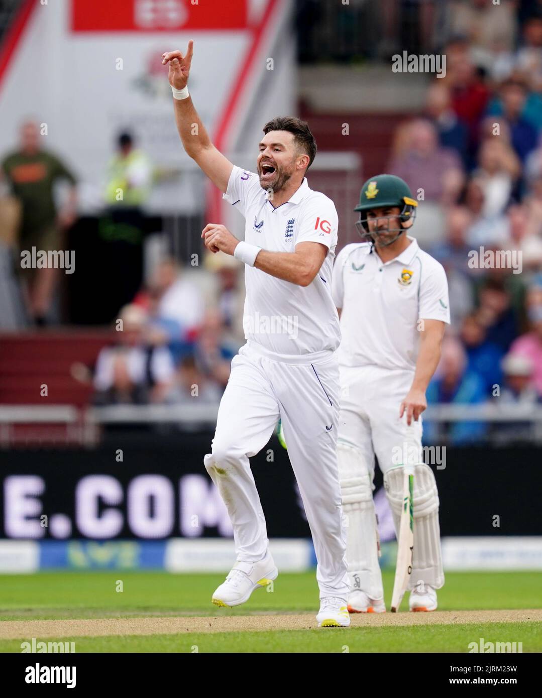 England's James Anderson celebrates taking the wicket of South Africa ...