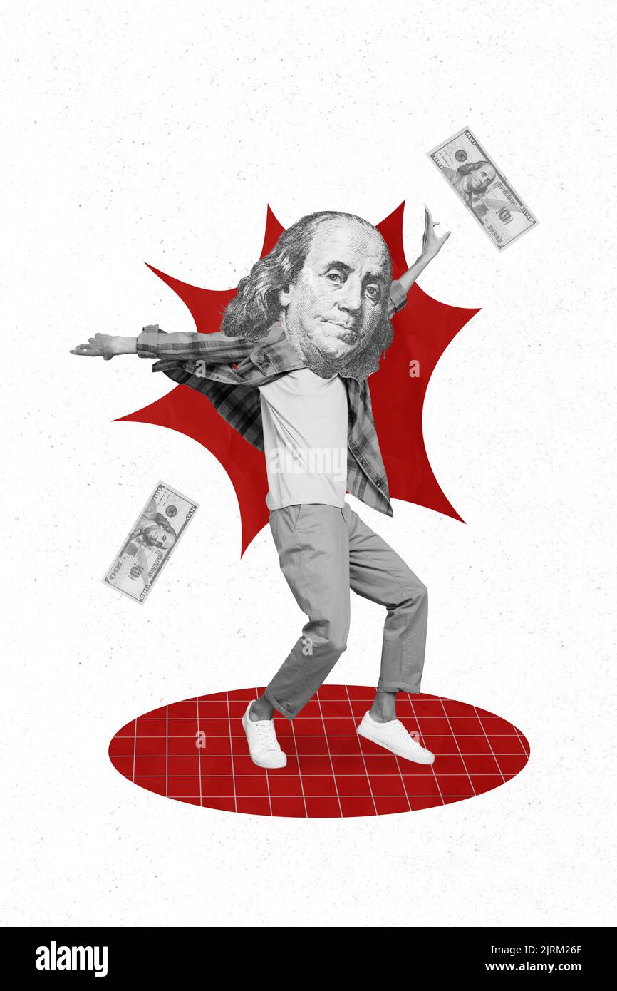 Vertical poster collage of man dance with money black and white ...