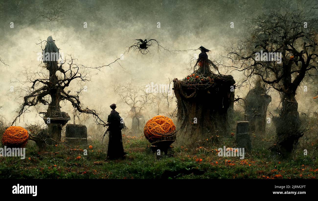 Halloween background. Spooky forest pumpkin in graveyard.v Stock Photo ...