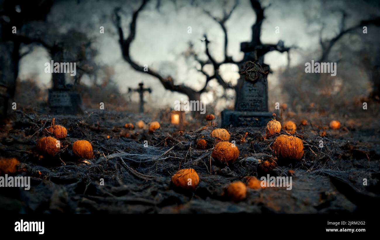 Halloween background. Spooky forest pumpkin in graveyard.v Stock Photo ...