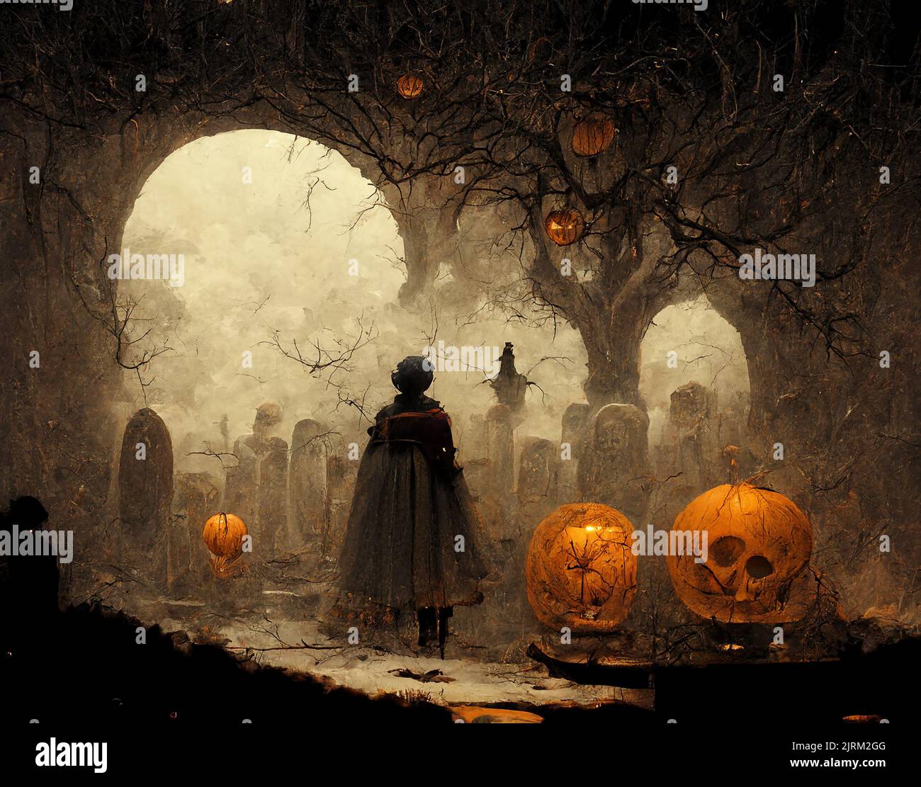 Halloween background. Spooky forest pumpkin in graveyard Stock Photo ...