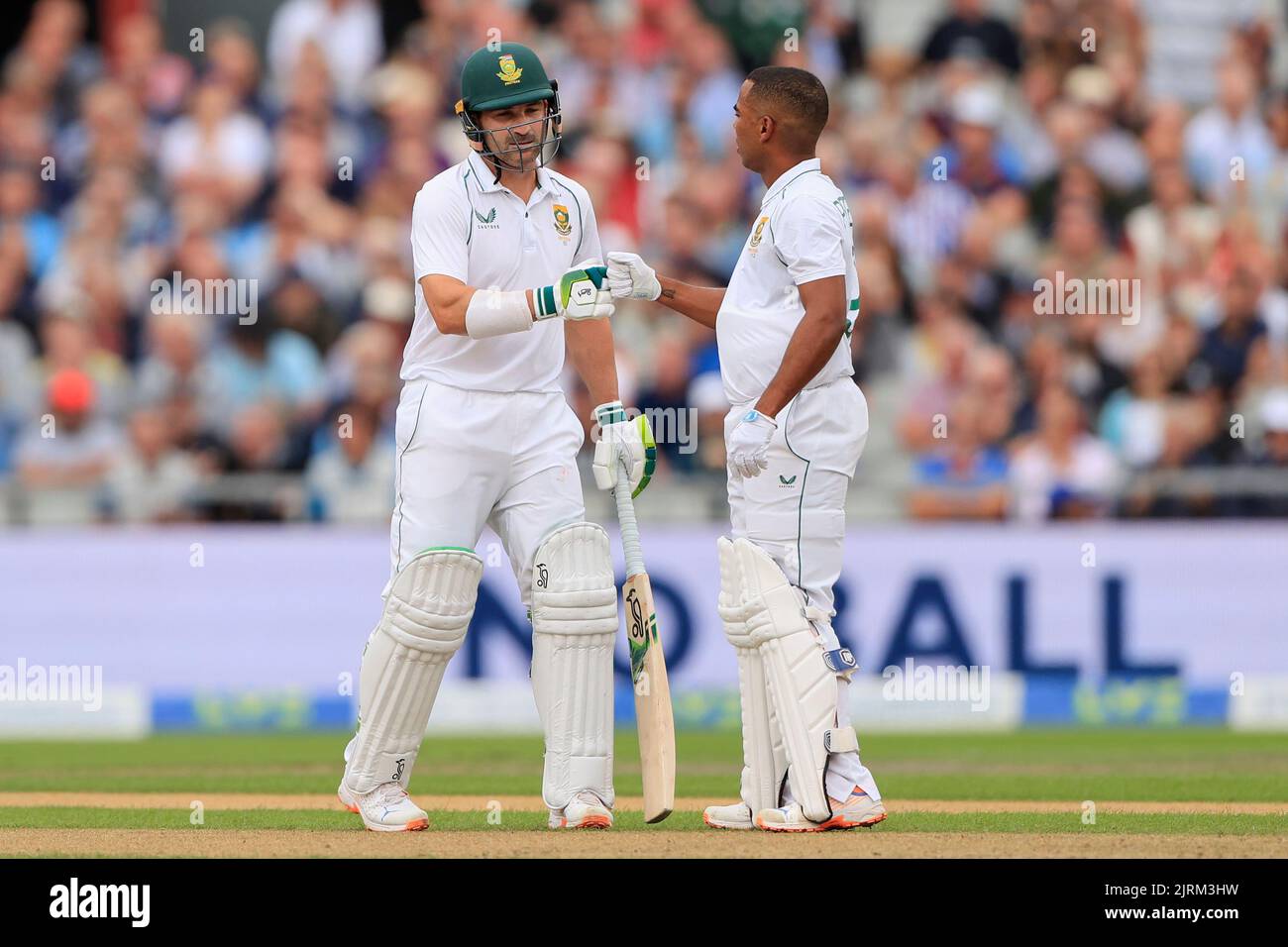 Dean Elgar and Keegan Petersen of South Africa touch gloves in the ...