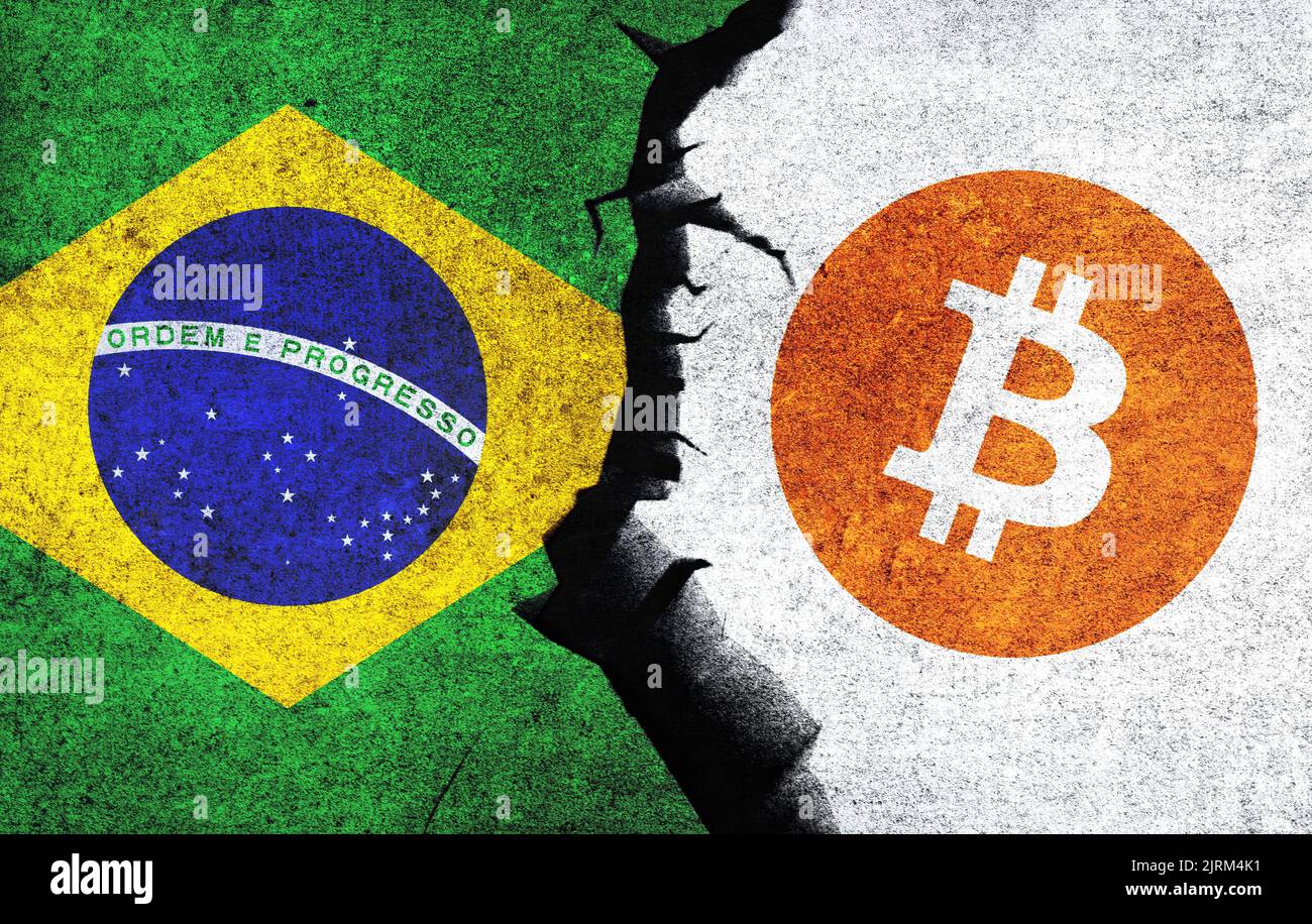 Bitcoin and Brazil flag on a wall with a crack. Brazil Bitcoin banned ...