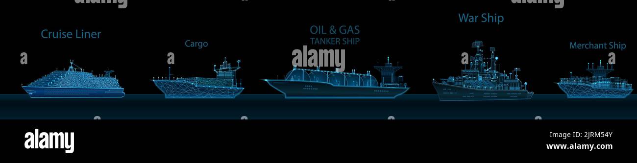 Cruise liner, Cargo, War ship, Merchant ship, oil and gas tanker in low ...