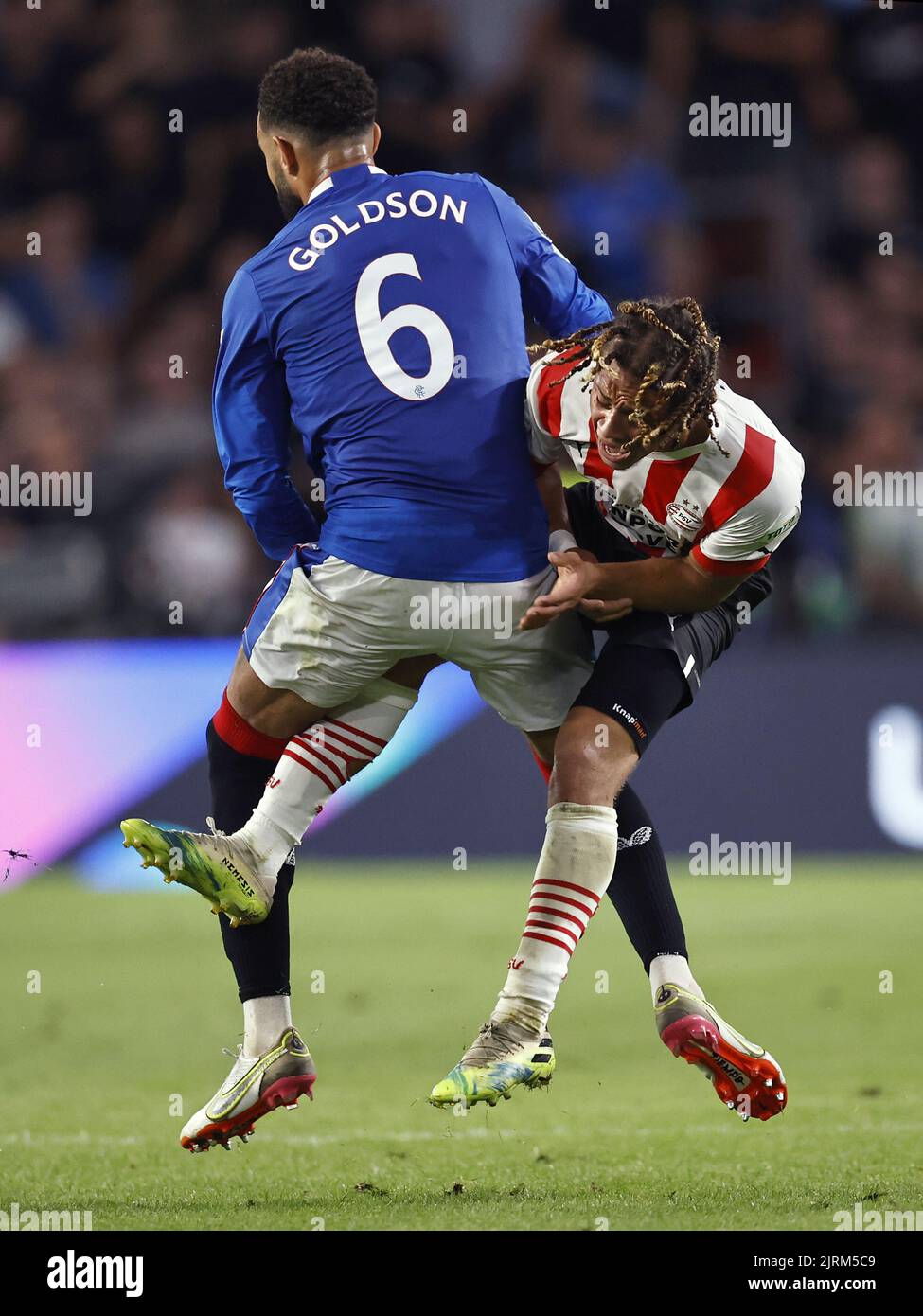 EINDHOVEN - (lr) Connor Goldson of Rangers FC, Xavi Simons of PSV ...