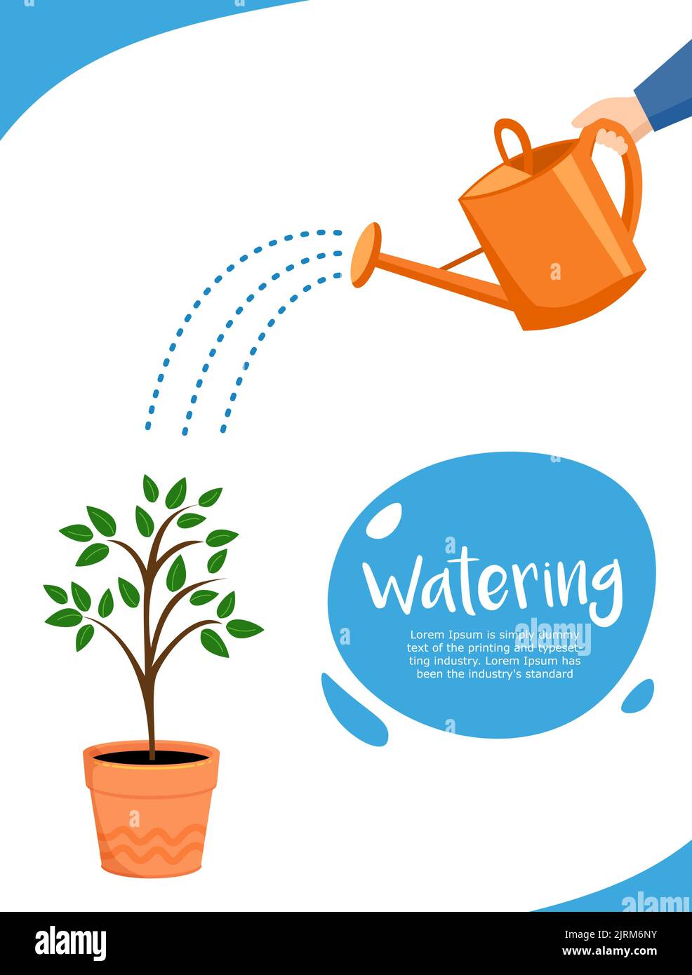 watering in bubble. Hand holds a watering can and waters a young flower ...