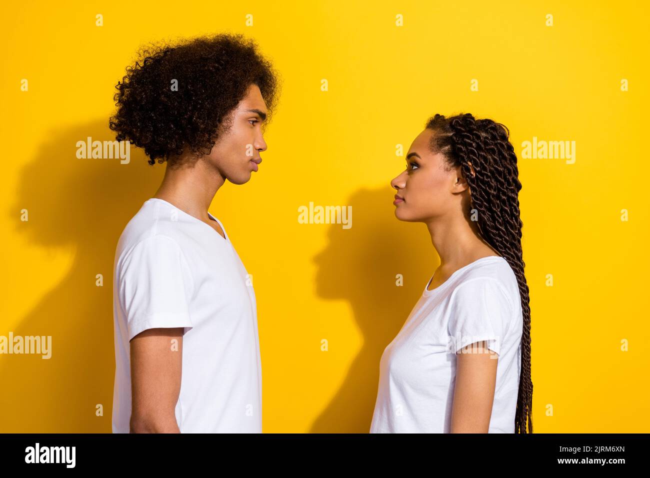 Profile photo of two calm concentrated people look each other isolated ...