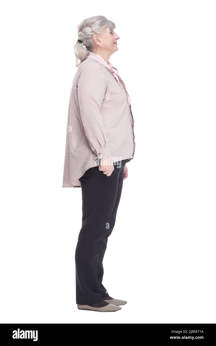 smiling old lady pointing at you. isolated on a white background Stock ...