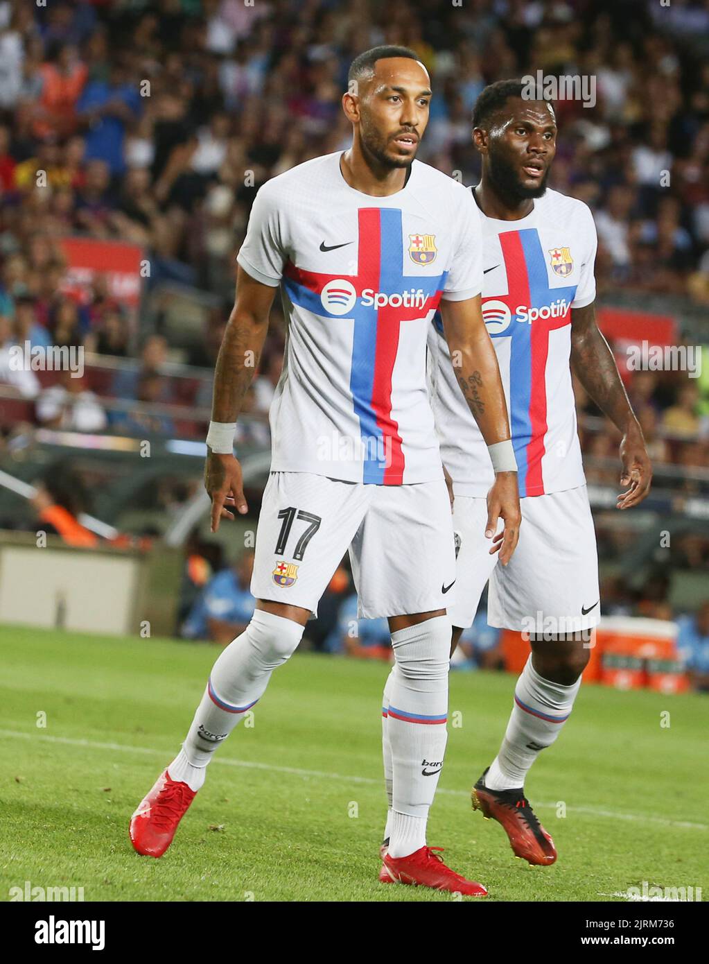Pierre-Emeric Aubameyang and Franck Kessie of FC Barcelona during the ...