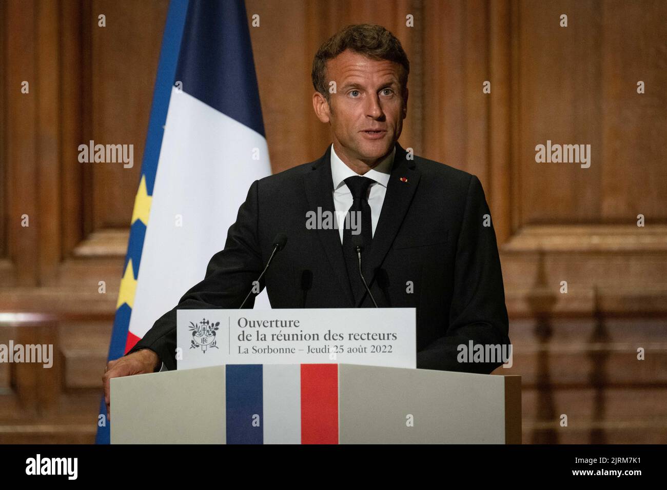 Paris, France. 25th Aug, 2022. President Emmanuel Macron delivers a ...