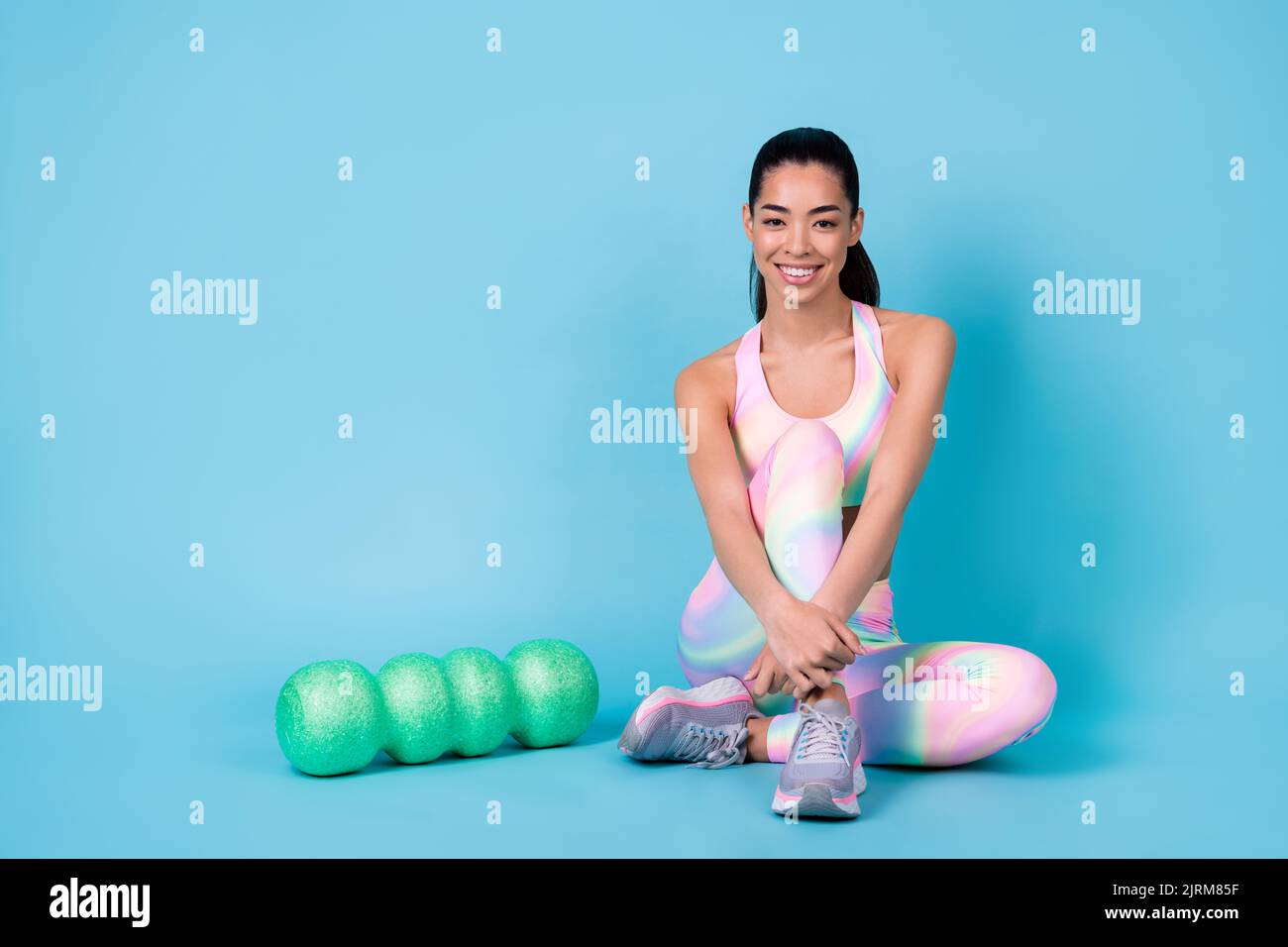 Full size photo of stunning korean woman sport coach home gym dressed ...