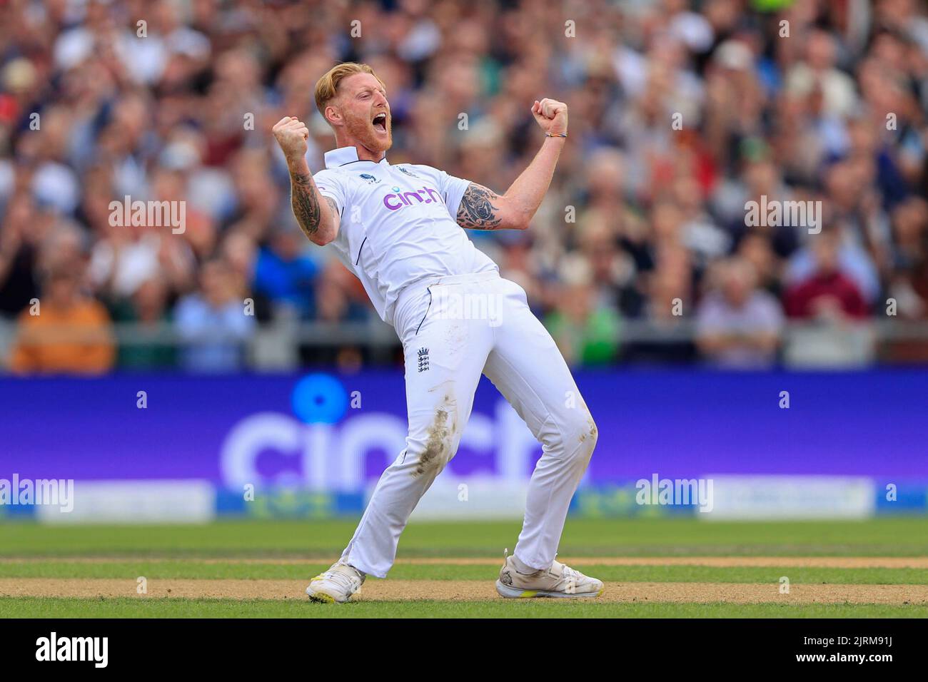 Ben Stokes of England celebrates taking the wicket of Rassie van der ...