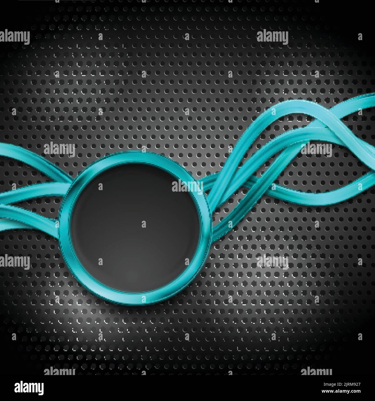 Abstract turquoise waves and glossy circle on dark perforated metallic ...