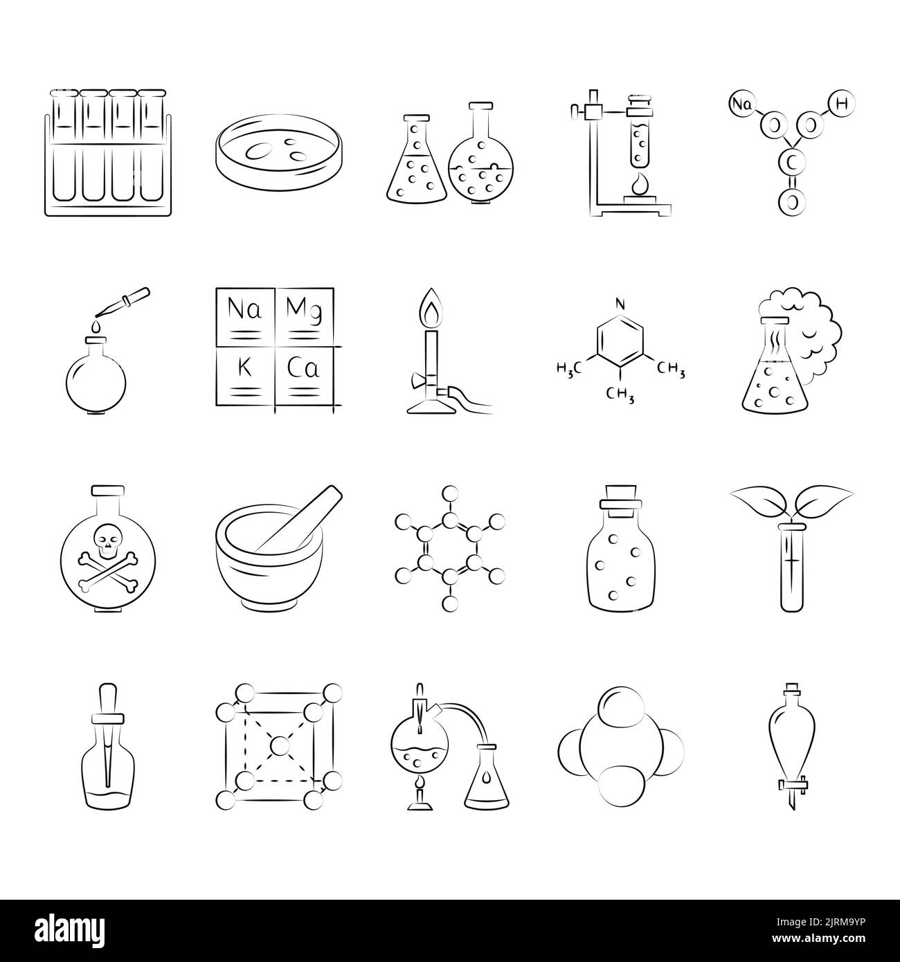 Chemistry science icon set in hand drawn style. Chemical laws and ...