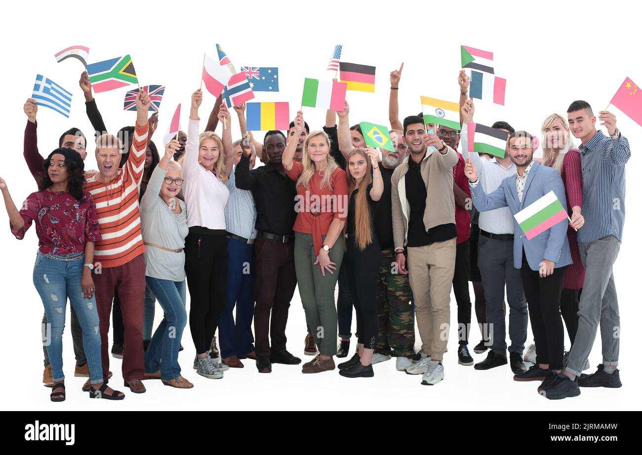 People stand with different national flags and wave proudly Stock Photo ...
