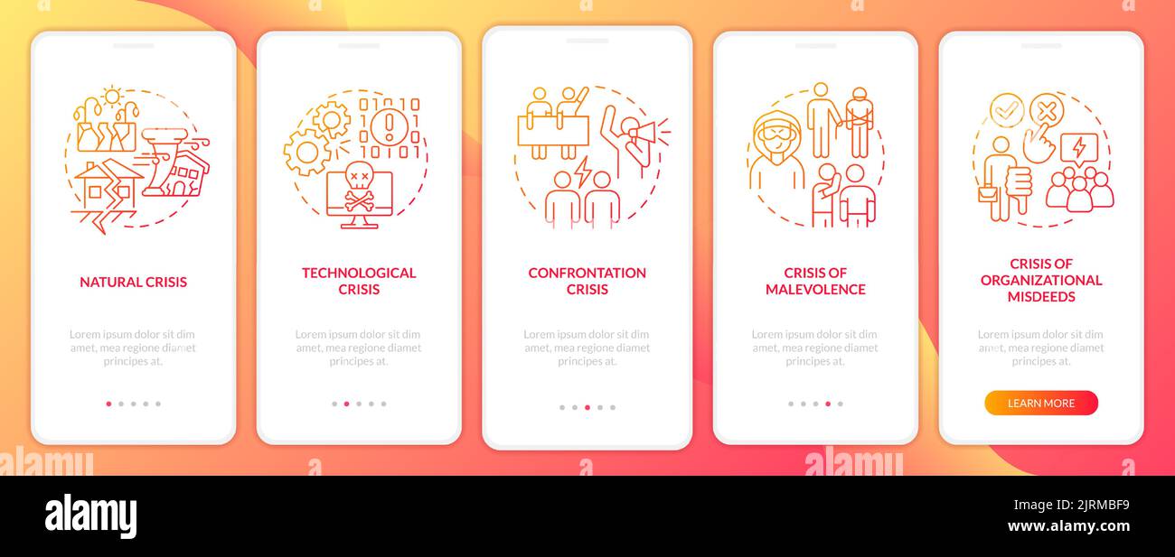 Types of crisis red gradient onboarding mobile app screen Stock Vector ...