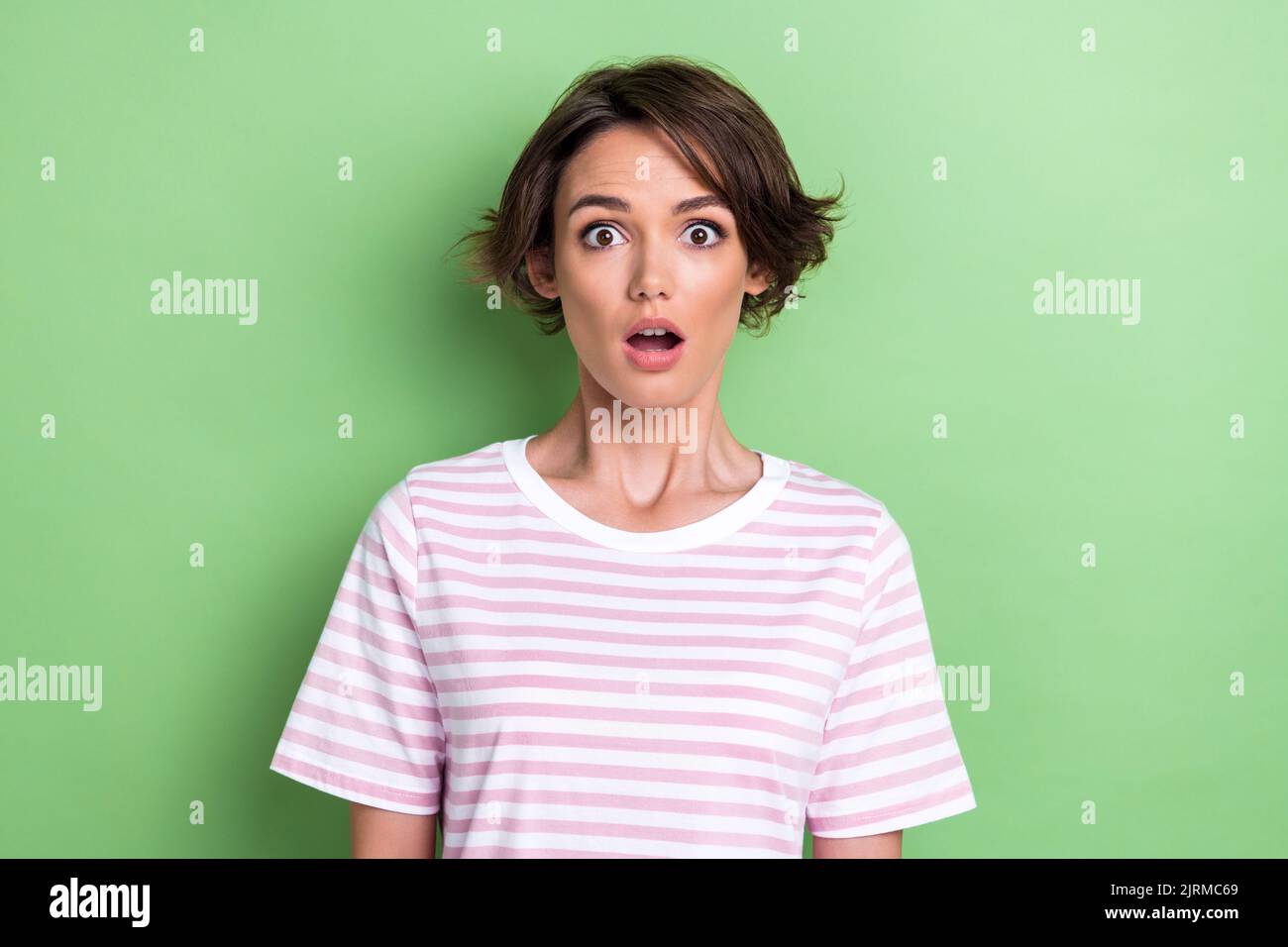 Photo Of Impressed Bob Hairdo Millennial Lady Wear White Striped T