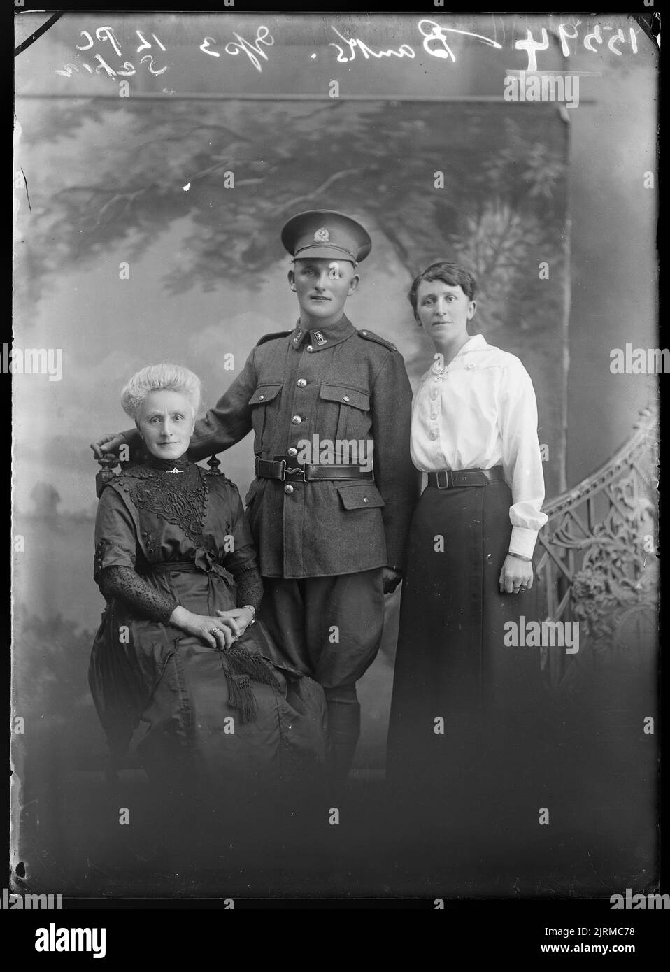 Portrait of an unidentified soldier and two unidentified women [inscribed Banks], 1916- 1917 ...
