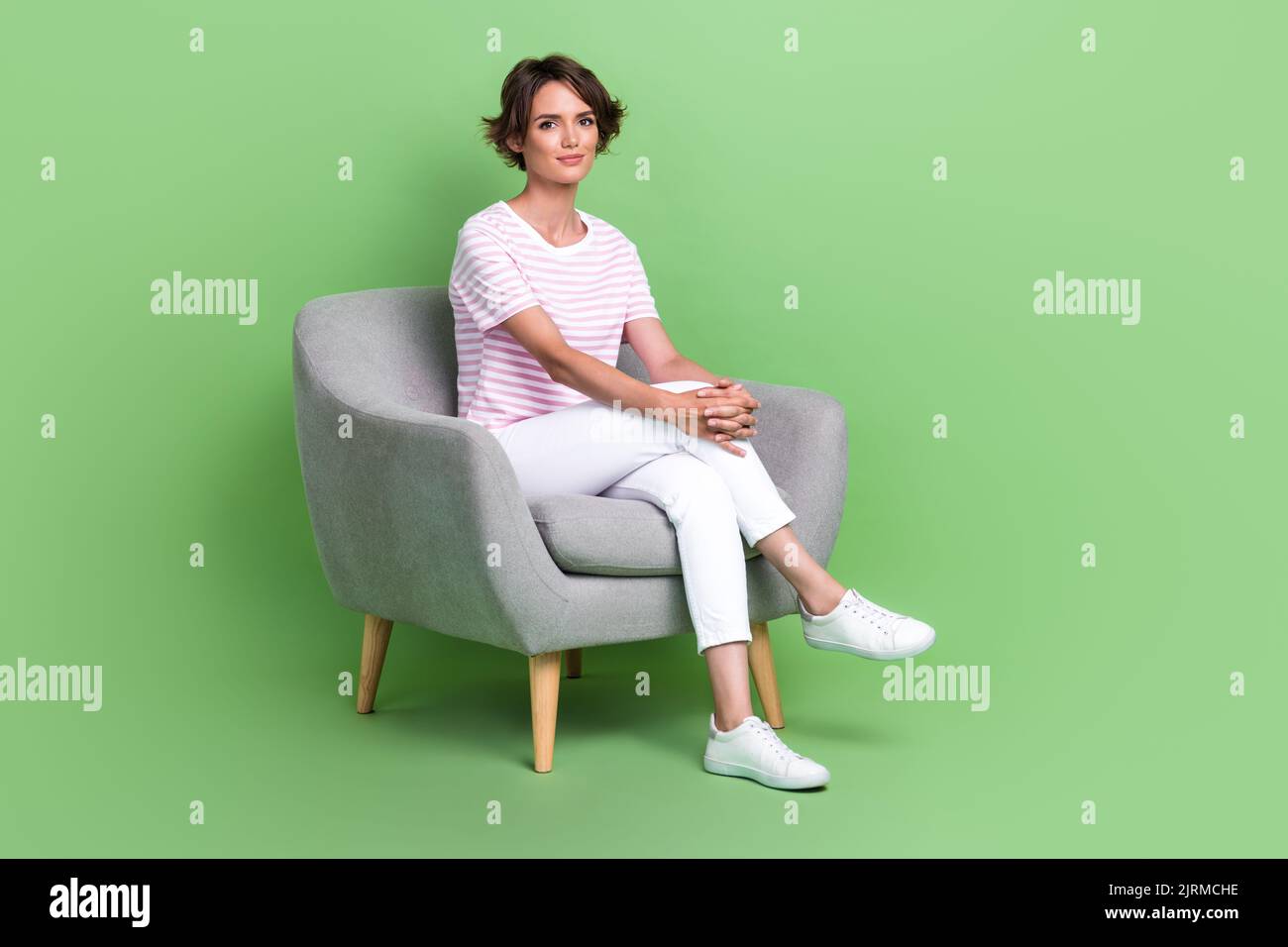Full body photo of charming young lady sit soft armchair hr job ...